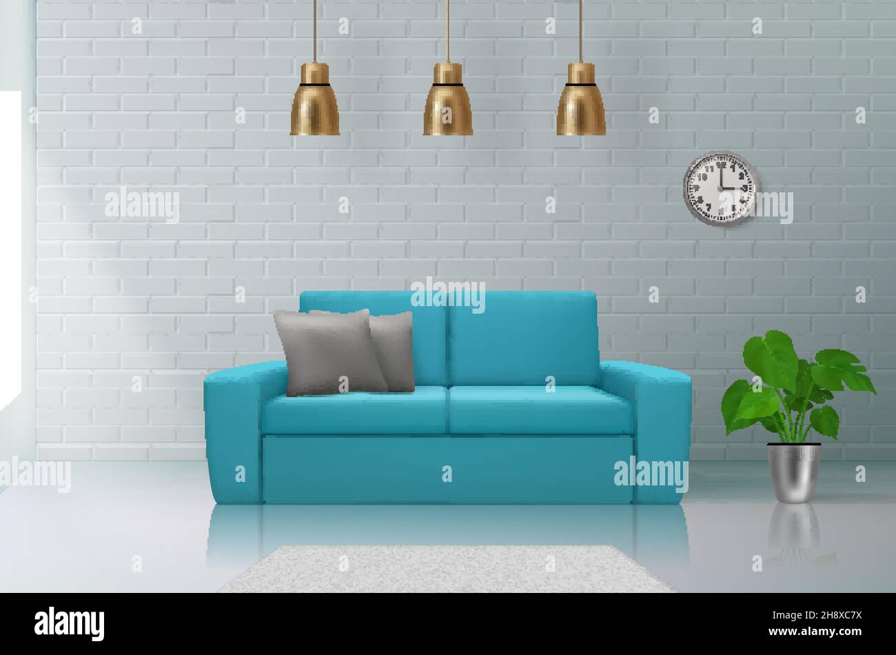 Realistic interior. Sofa in living room modern decoration with ...