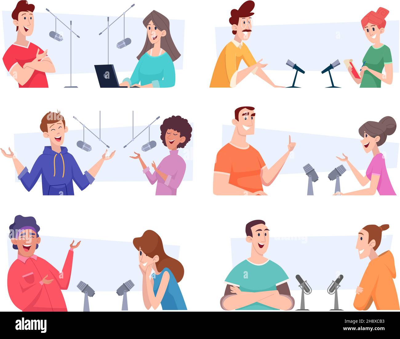 Broadcast dialogue. Radio studio people talking microphones audio ...