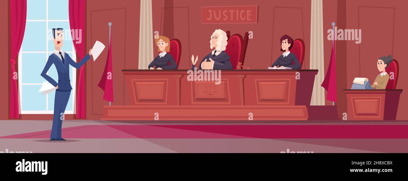 Courtroom. Judges in uniform sitting at court lawyers workers at table ...