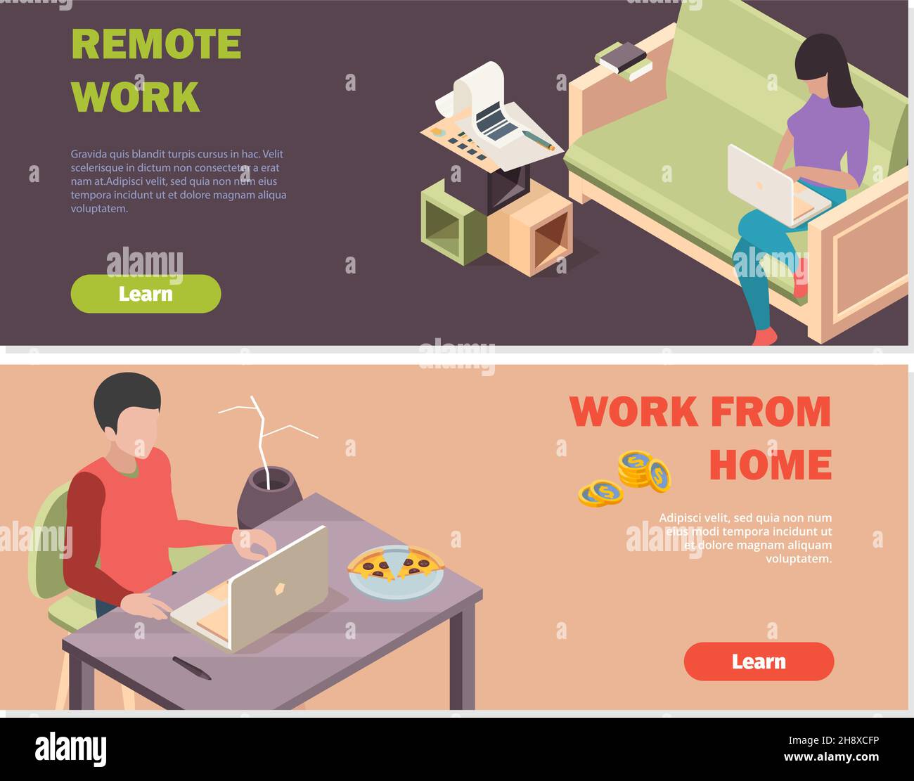 Remote work banners. Isometric people working from home. Man woman with ...