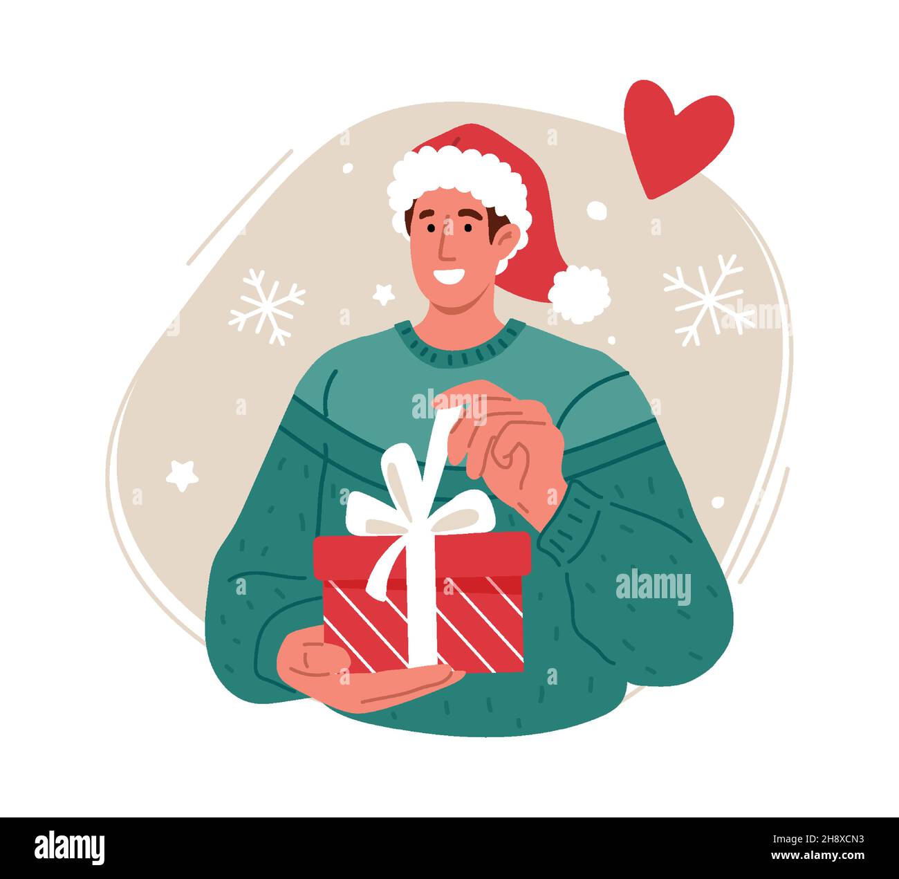 Smiling man opens present for chtistmas,new,year.Vector flat ...