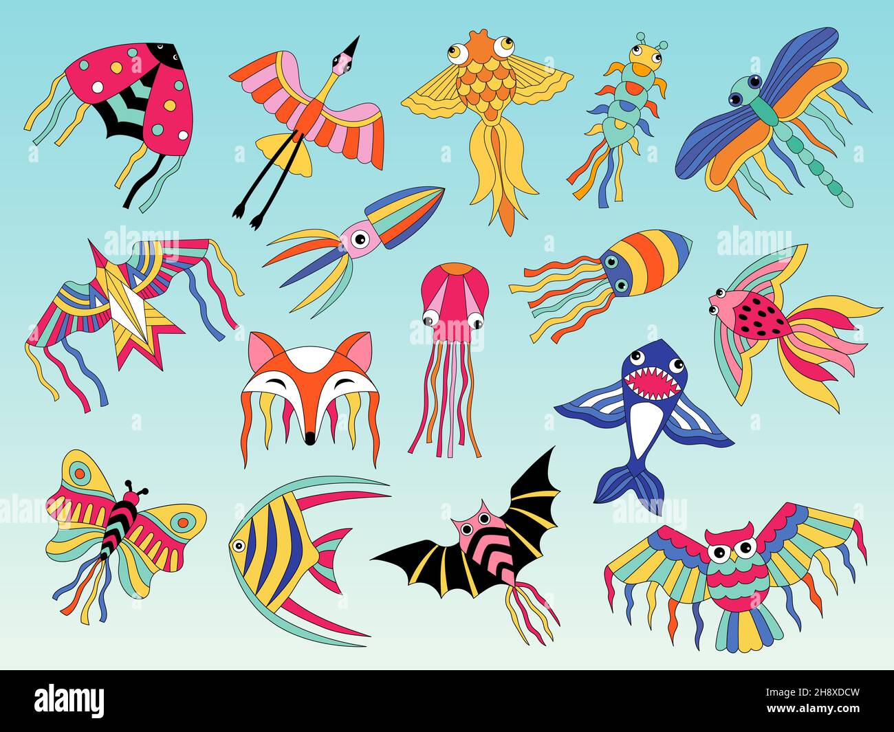 Kites animals. Flying colored kites for happy kids air attractions ...