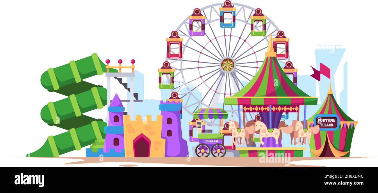 Amusement background. Landscape fun city with attractions for kids big ...