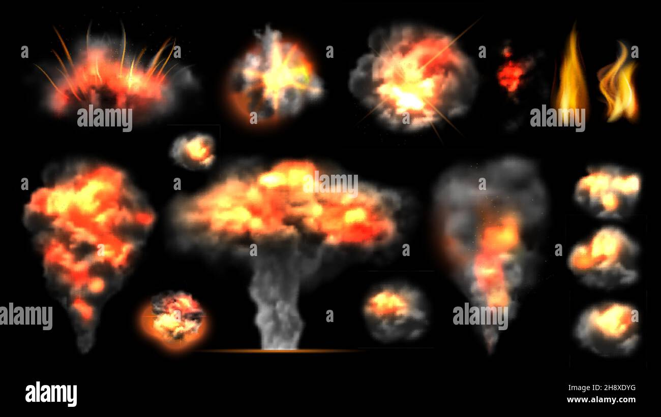 Realistic bomb explosion. Fire explosions effect, light and steam ...