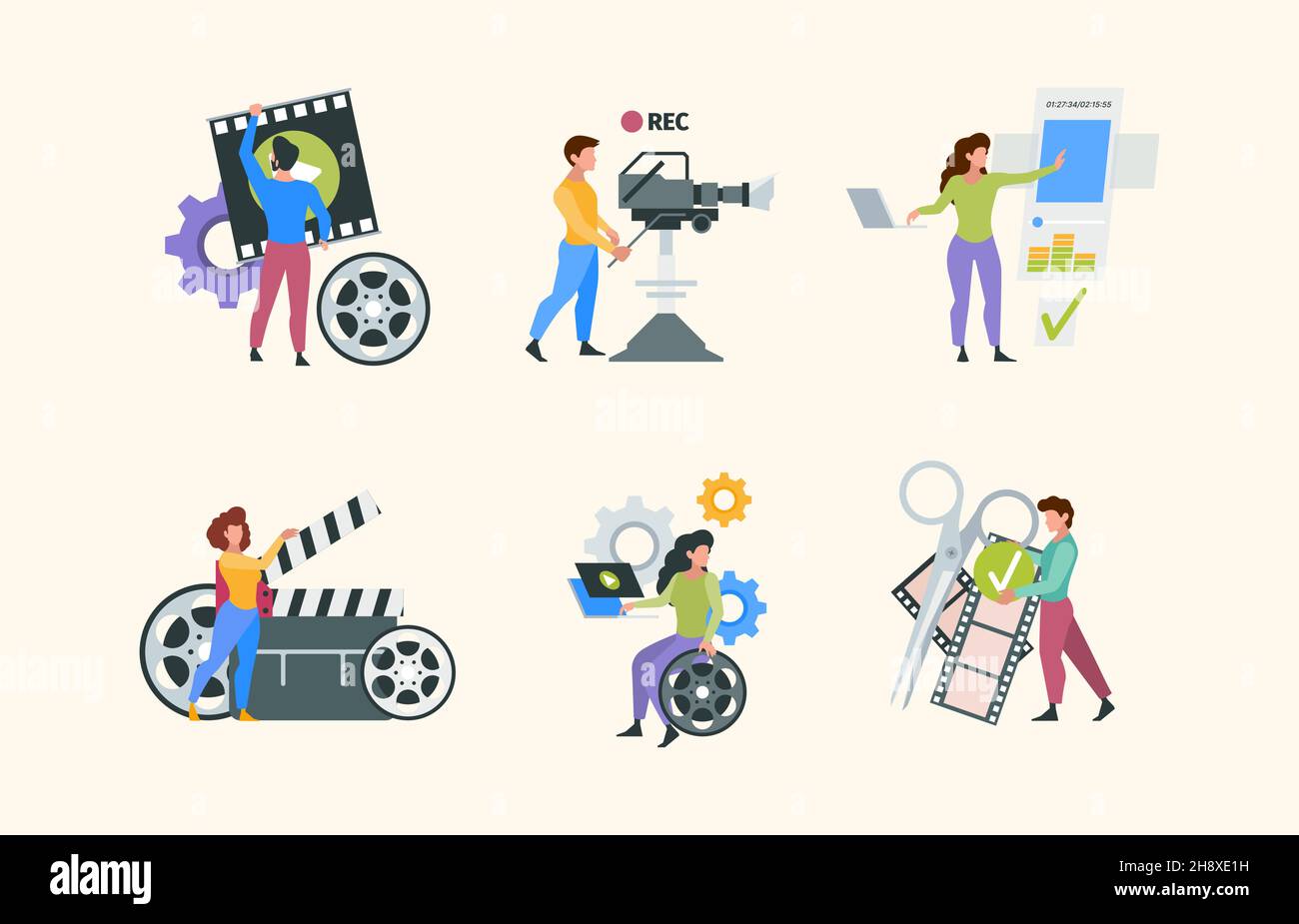 Filmmaking characters. People shooting photo videography production ...