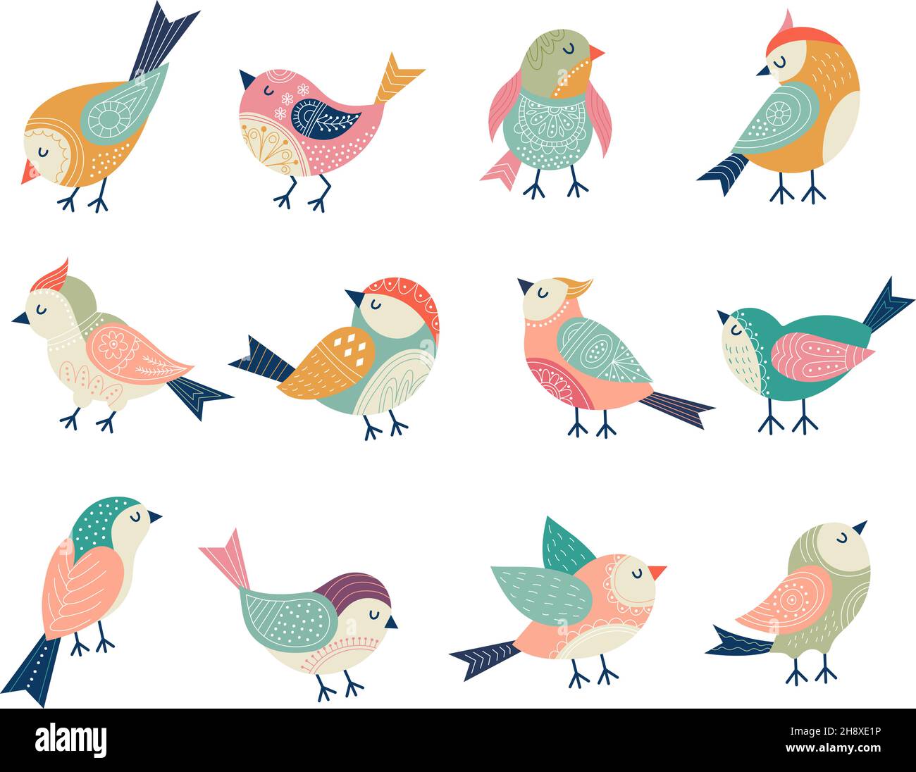 Flying birds. Decorative folk stylized illustrations of birds recent ...