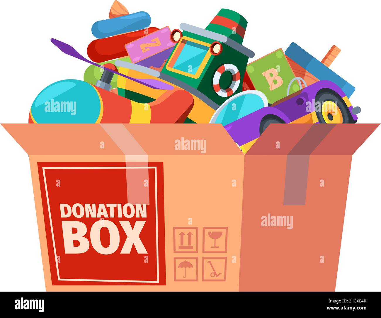 Donation box. Children toys in containers carrying for poor kids ...