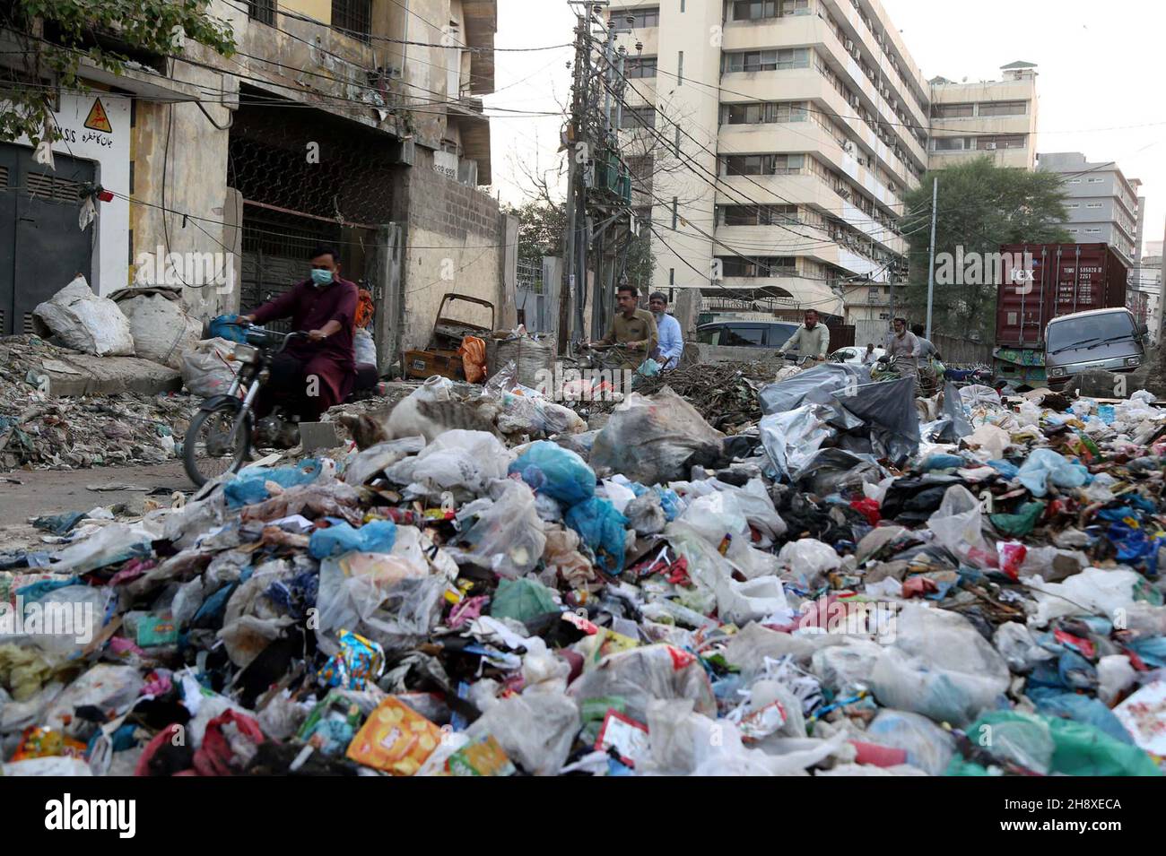 Hyderabad, Pakistan, December 02, 2021. View of huge heap of garbage ...