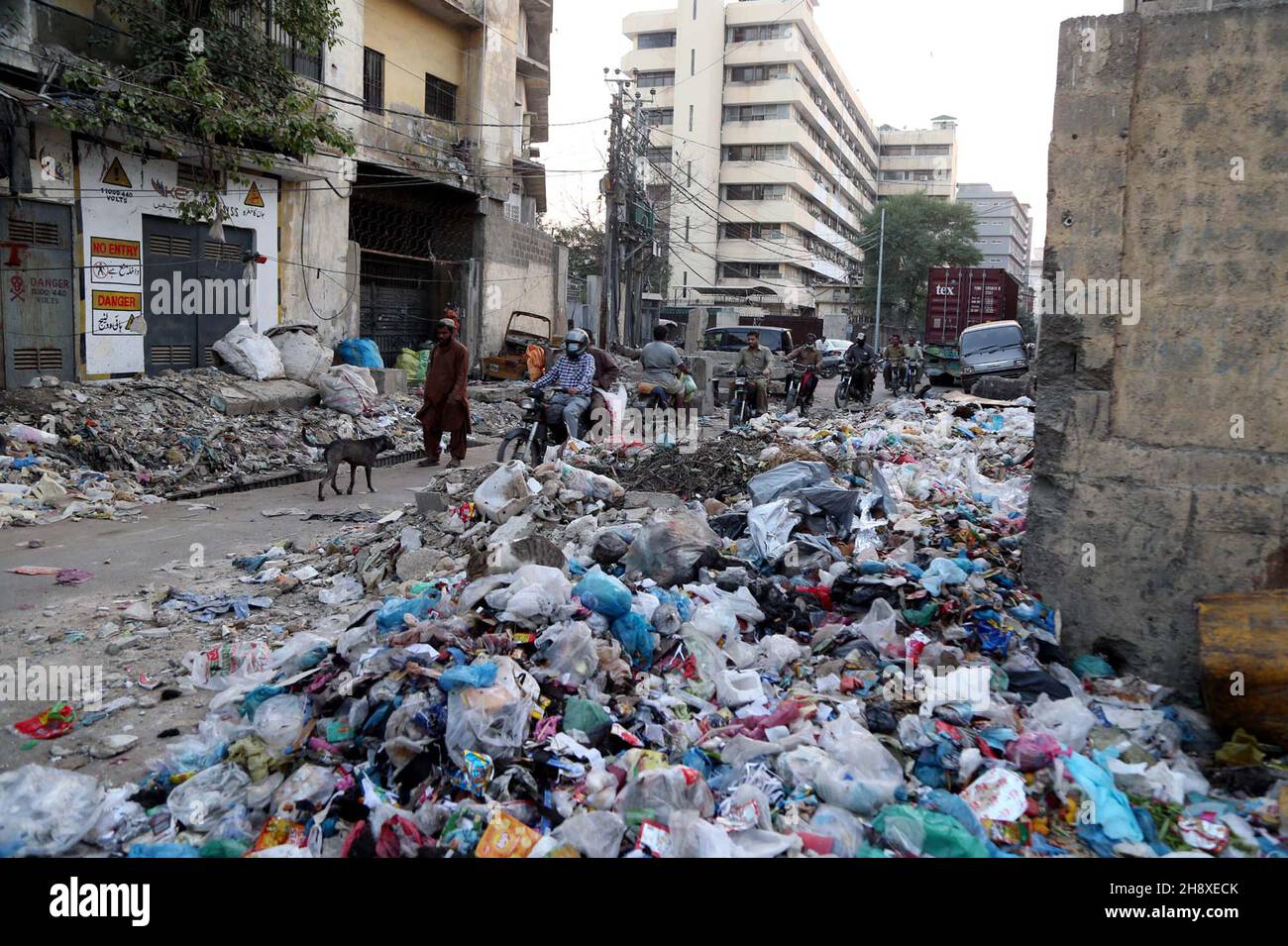 Hyderabad, Pakistan, December 02, 2021. View of huge heap of garbage ...