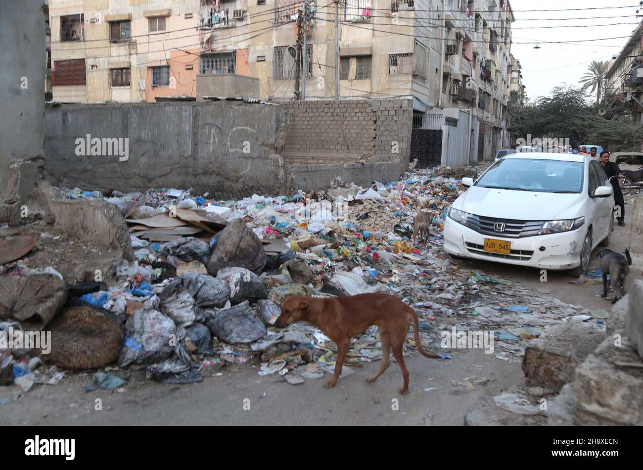 Hyderabad, Pakistan, December 02, 2021. View of huge heap of garbage ...