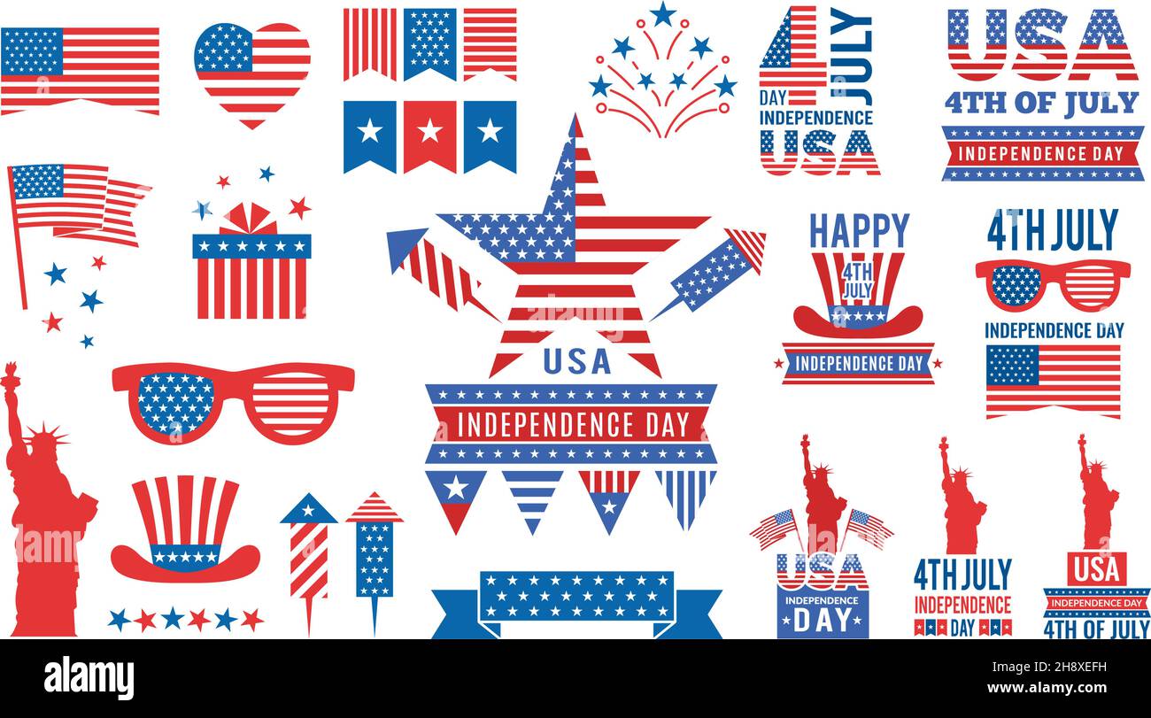 USA independence day bundle. Flags, red blue stars labels and banners ...