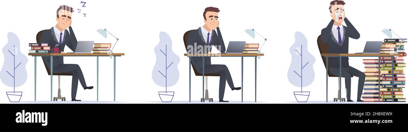 Emotional manager. Tired office managers, man crying and sleep at work ...