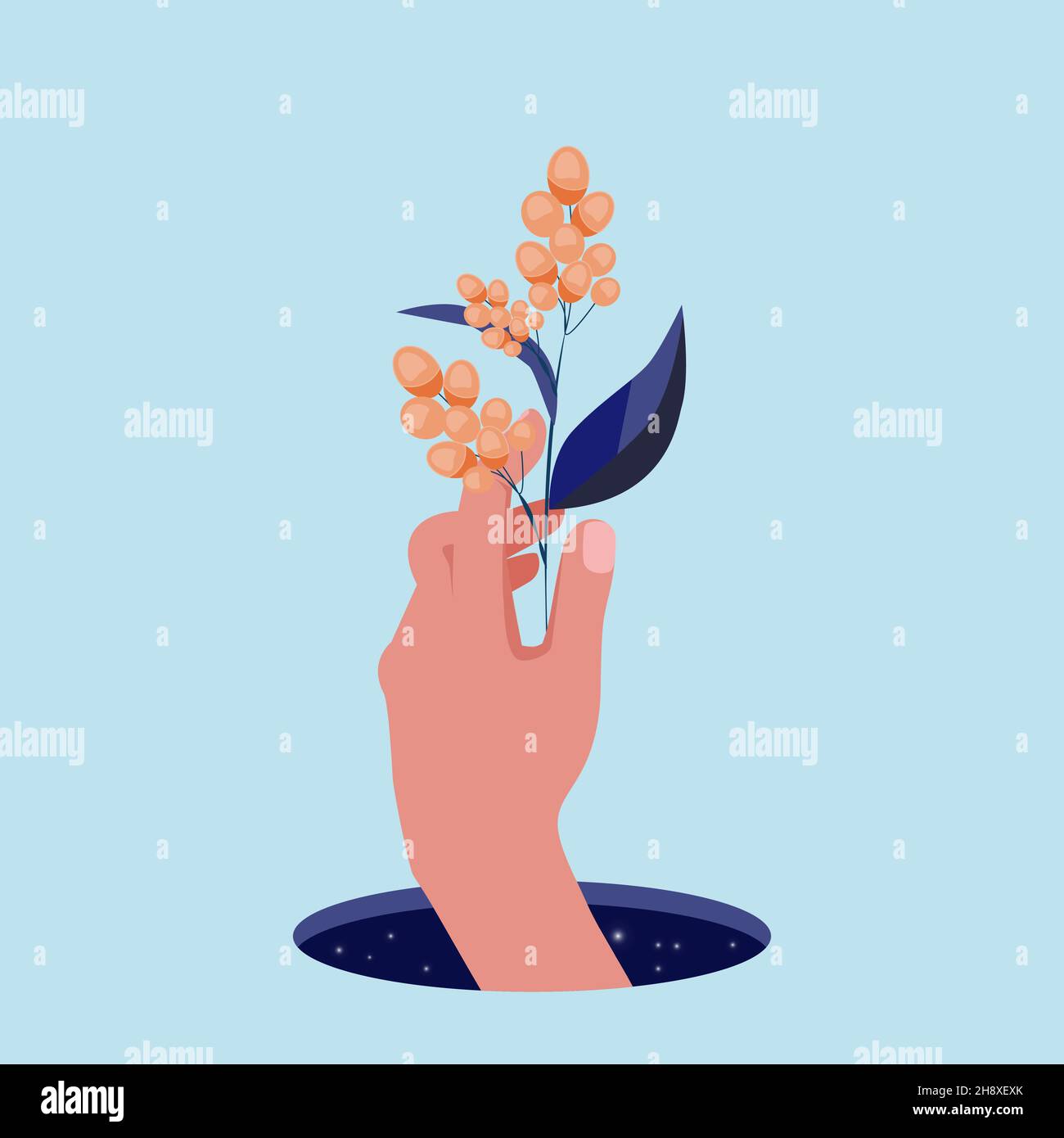 Hand with flower. Universe hole with stars and red human hands. Arm ...