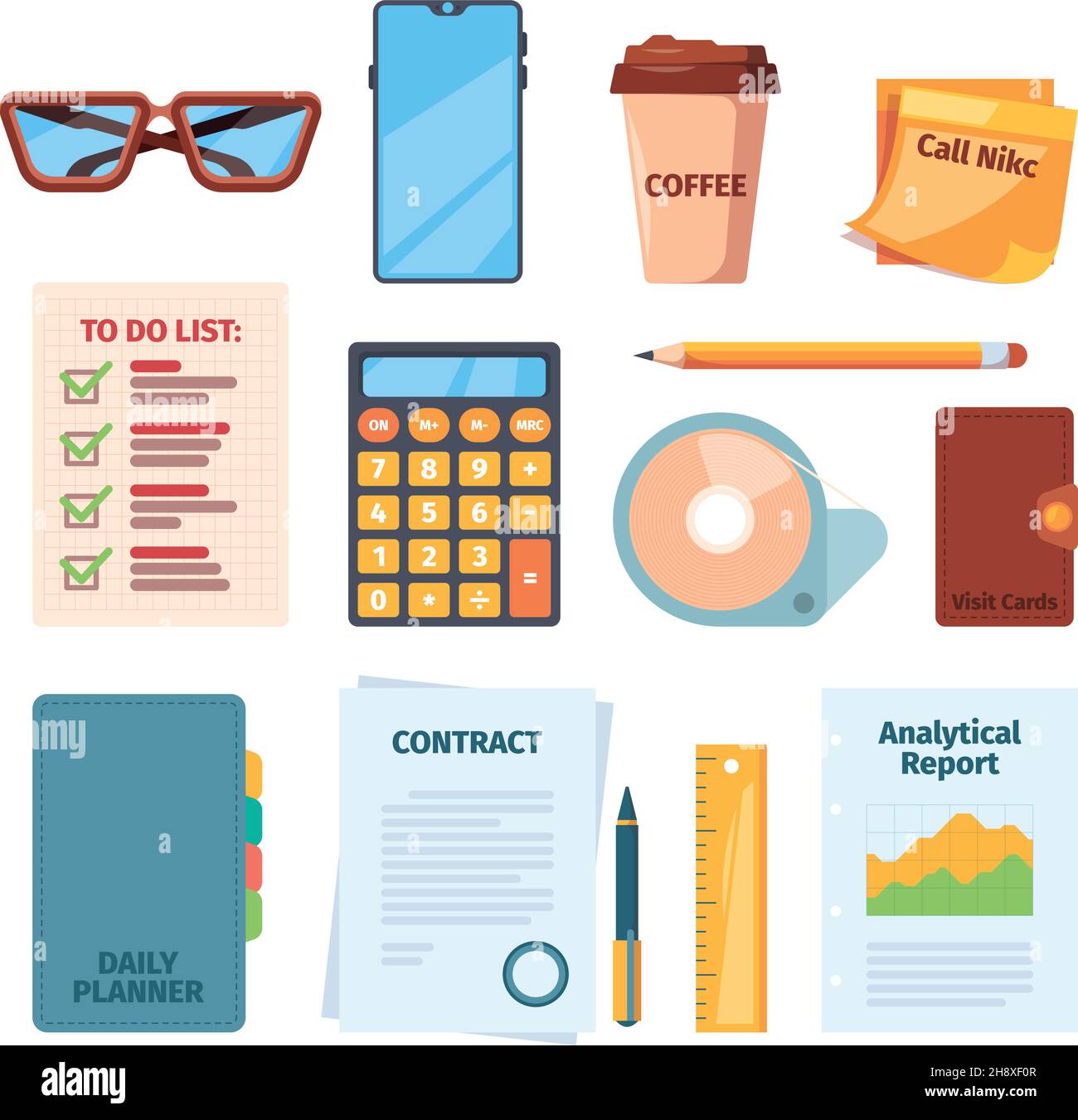 Business symbols. Pages markers daily checklists reports notes meeting ...