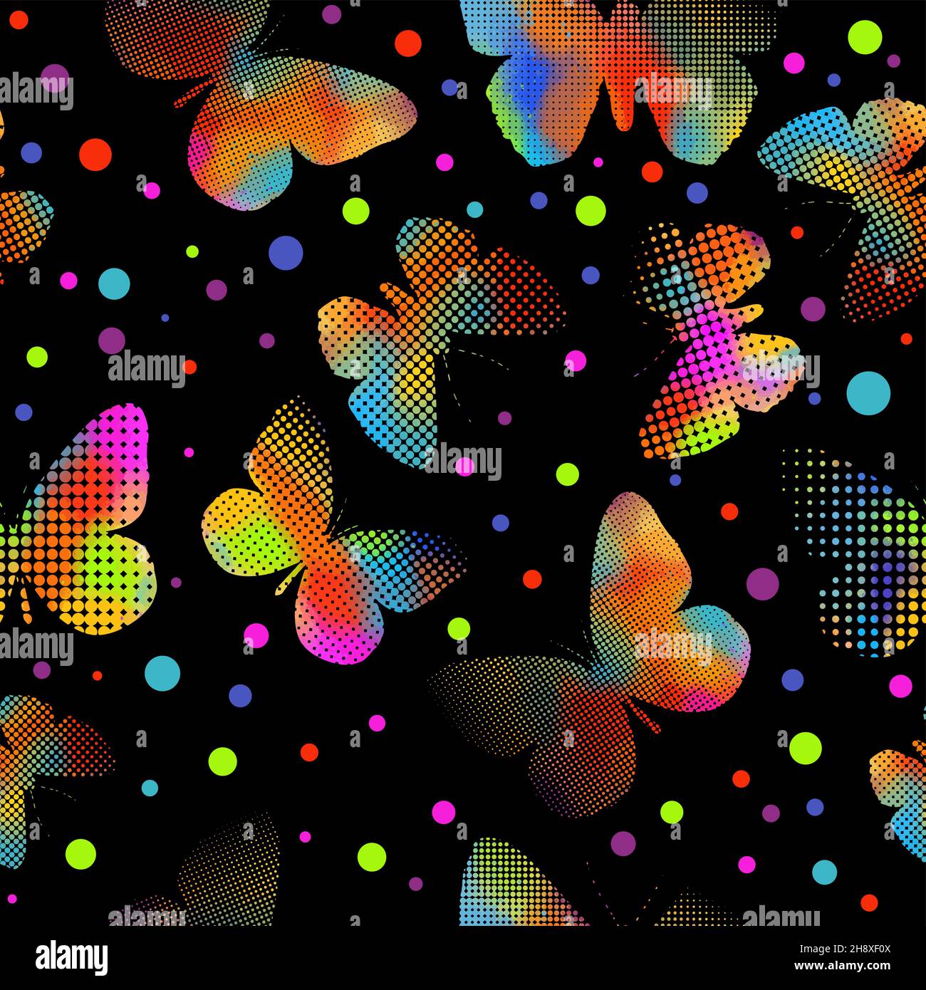 Colorful butterflies from dots. Dark background. Seamless vector ...