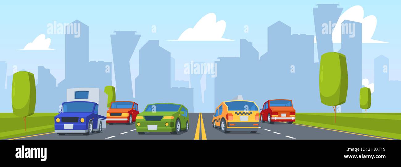 Cars on road. Speed automobile outdoor highway with four traffic line ...