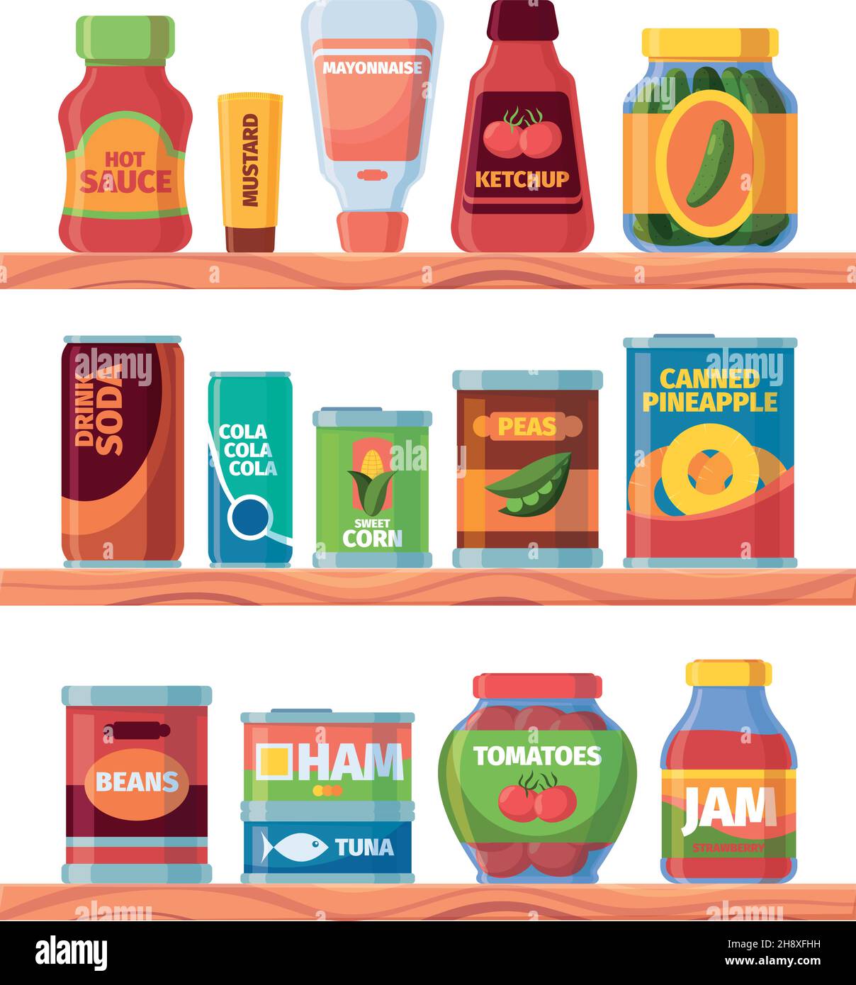 Grocery food. Supermarket canned product on shelves packages and jars ...
