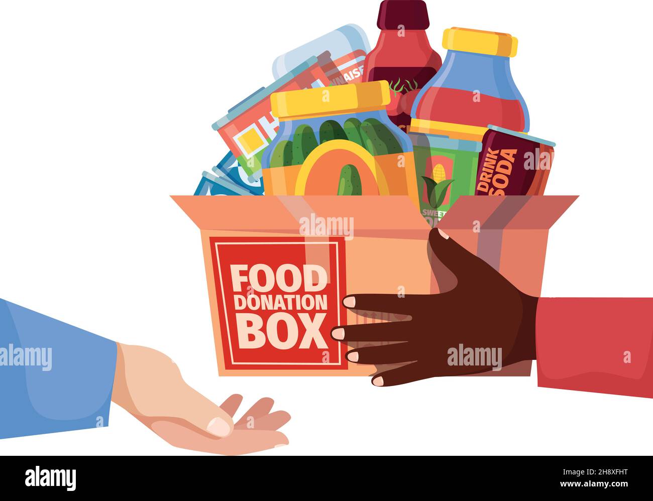Donation box. Food packages and grocery containers donation volunteers ...