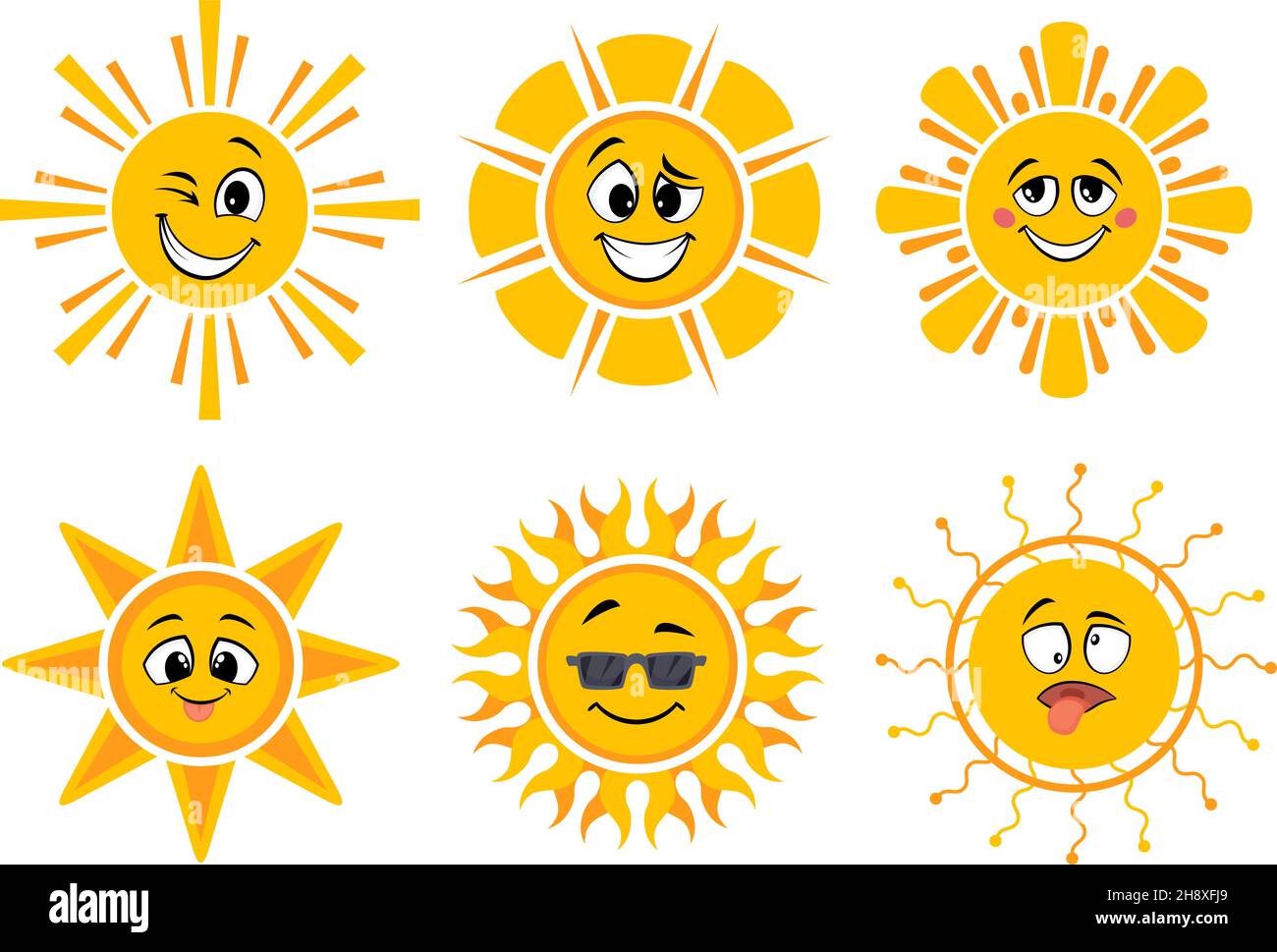 Funny cartoon suns. Yellow faces, sun icons with emotions. Summer hot ...
