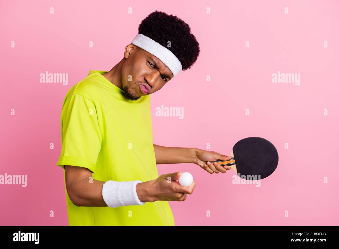 Profile side photo of young black man play ping-pong tennis ball racket ...