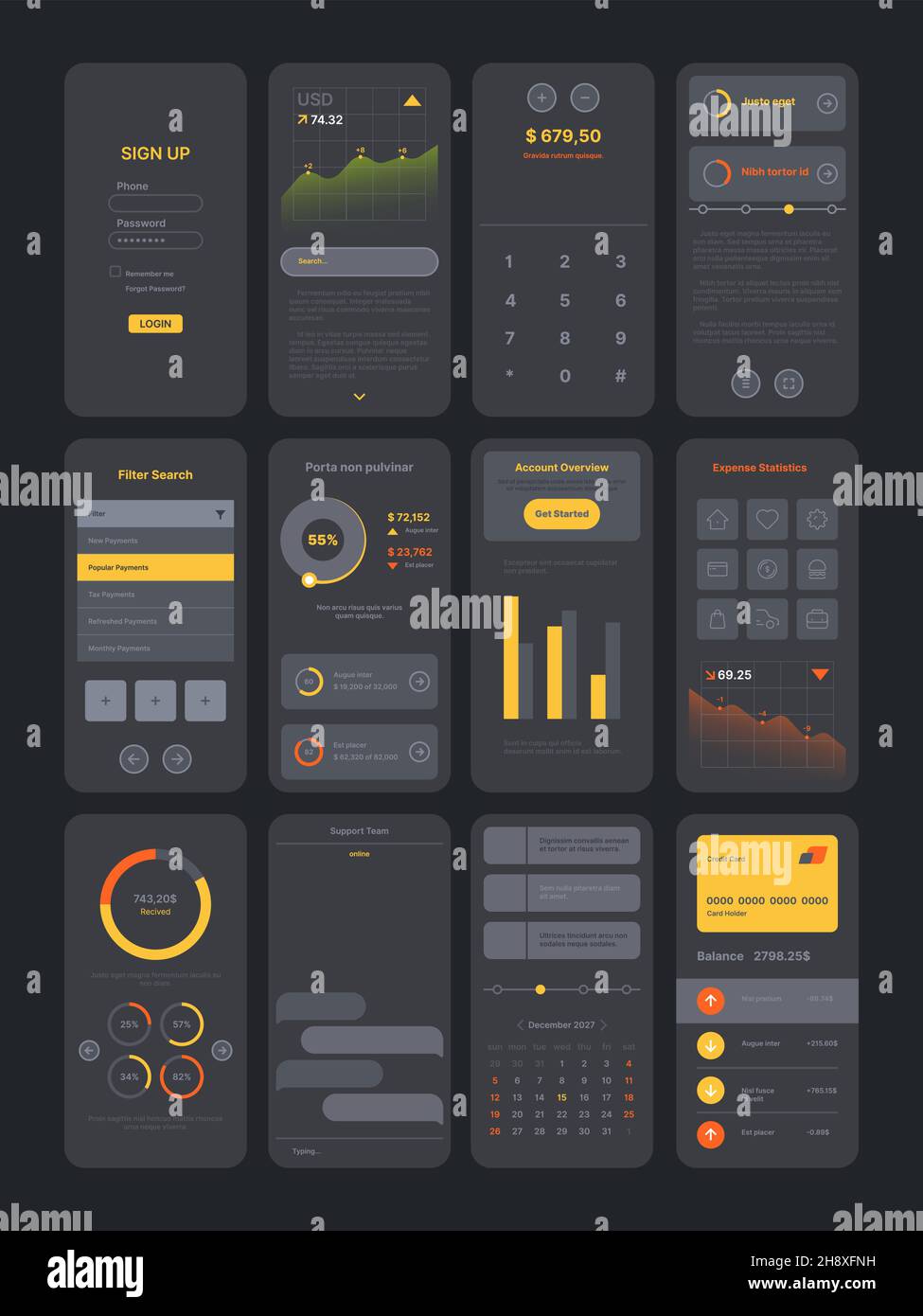 Dark theme ui kit. Digital modern interface app pages templates with ...