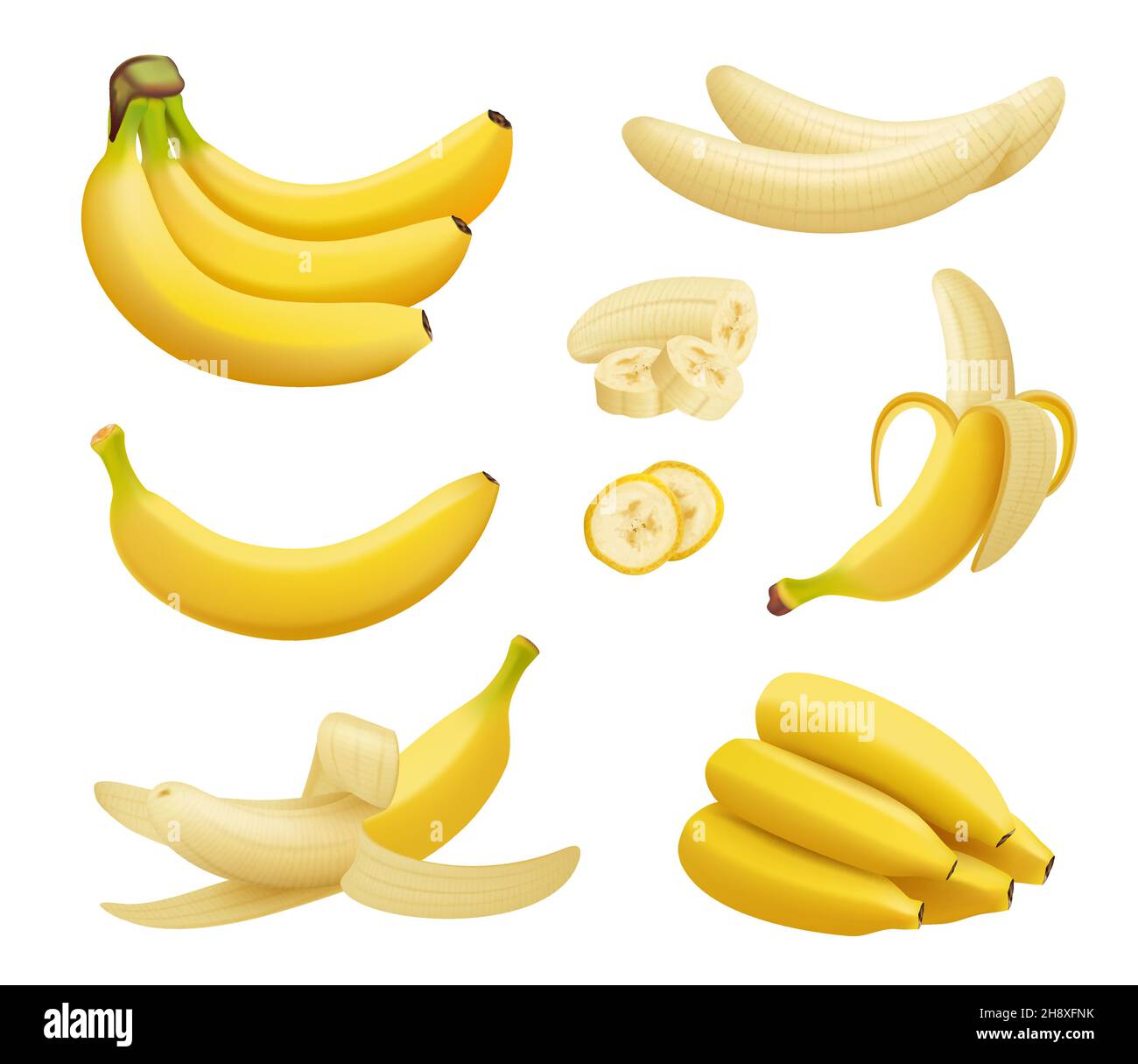 Bananas realistic. Exotic tropical yellow fruits closeup eating sliced ...