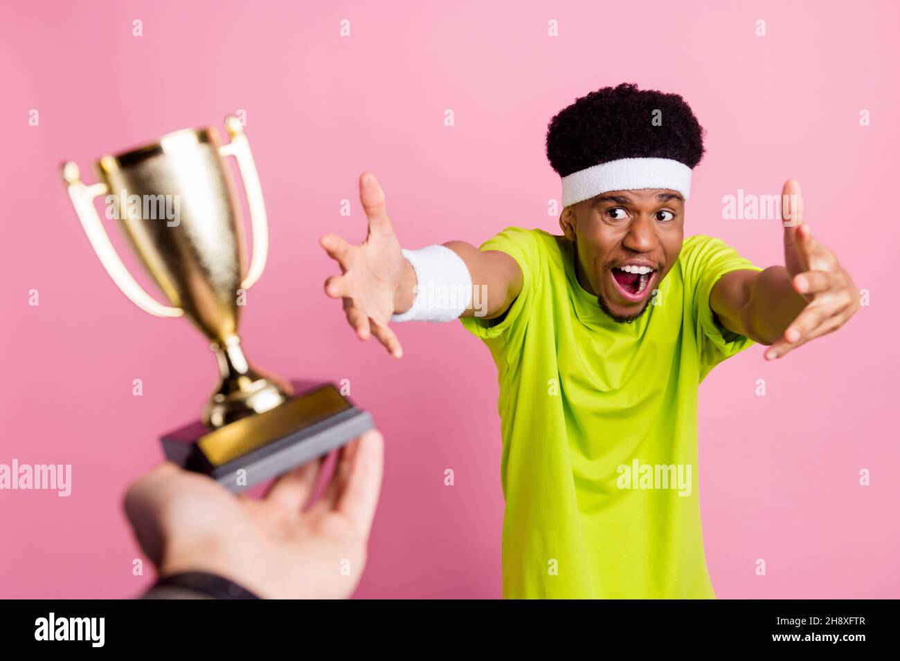 Photo of young afro sportsman happy positive smile win competition take ...