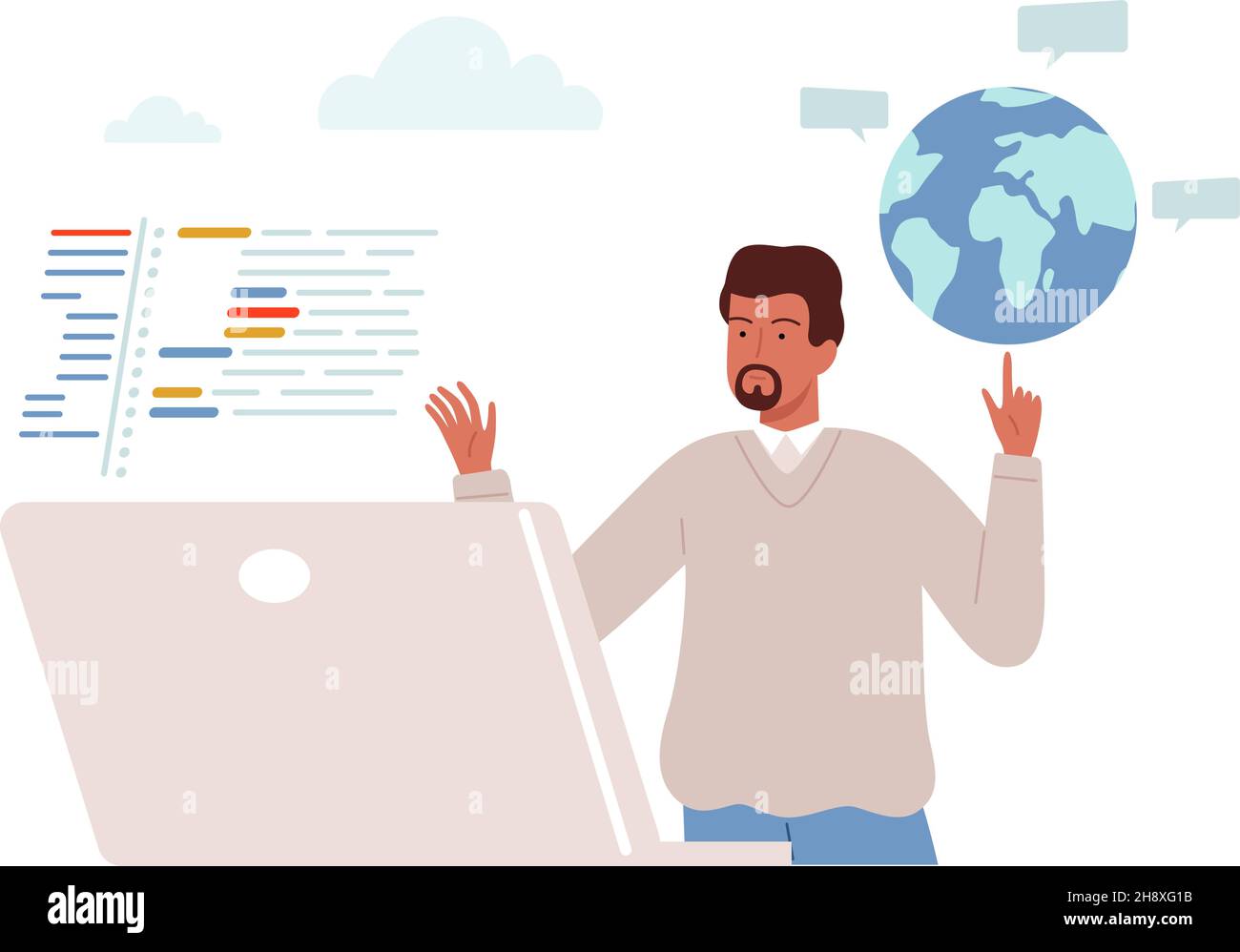 Worldwide communication. Man work, programmer or developer characters ...