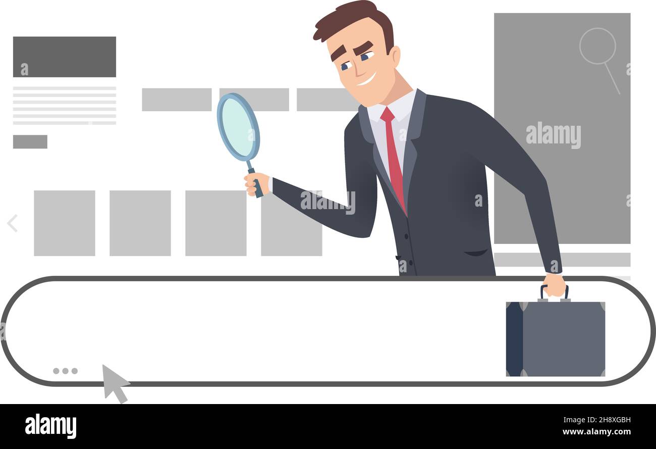 Searching in browser. Man look search bar with magnifying glass ...