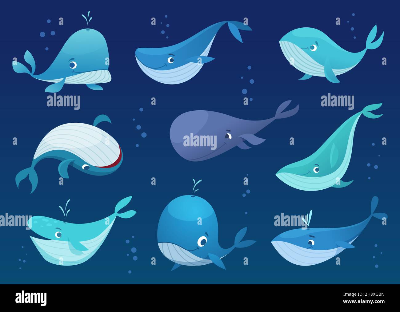 Whales cartoon. Underwater wild big cute fishes sea or ocean swimming ...