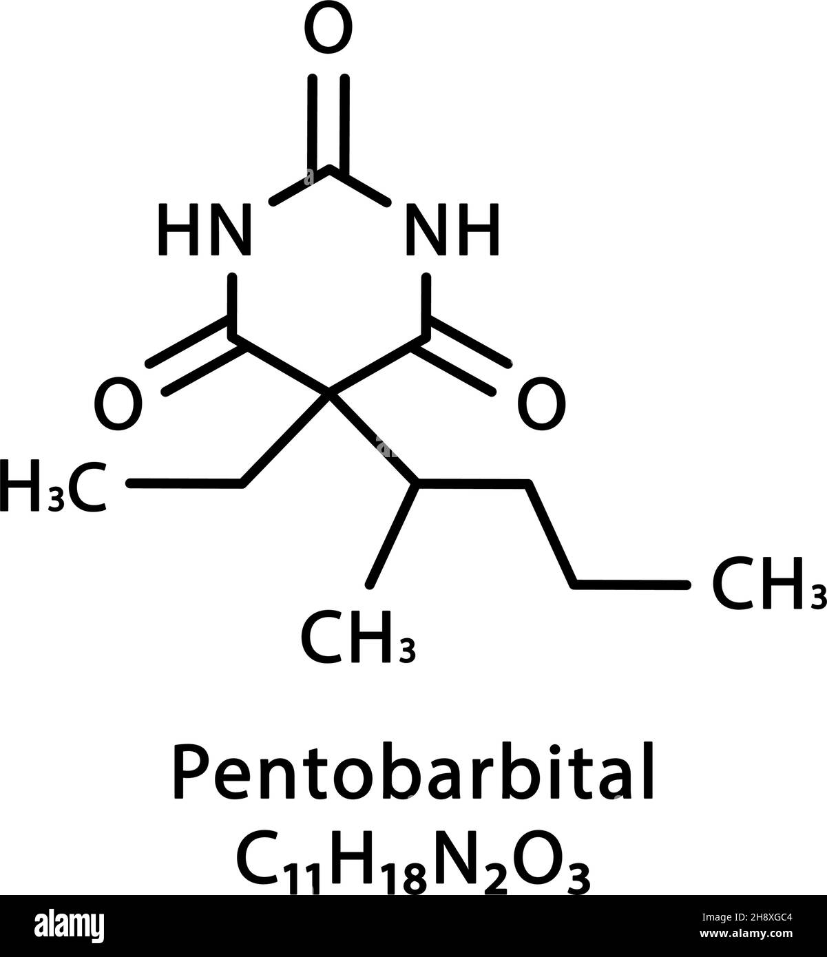 Pentobarbital molecular structure. Pentobarbital skeletal chemical ...
