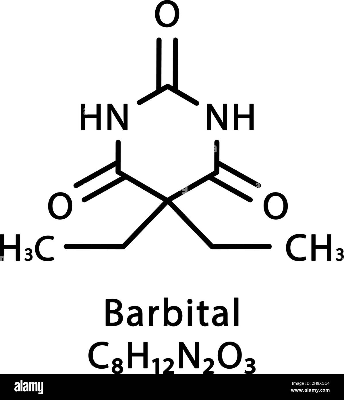 Barbital molecular structure. Barbitone skeletal chemical formula. Chemical molecular formula ...
