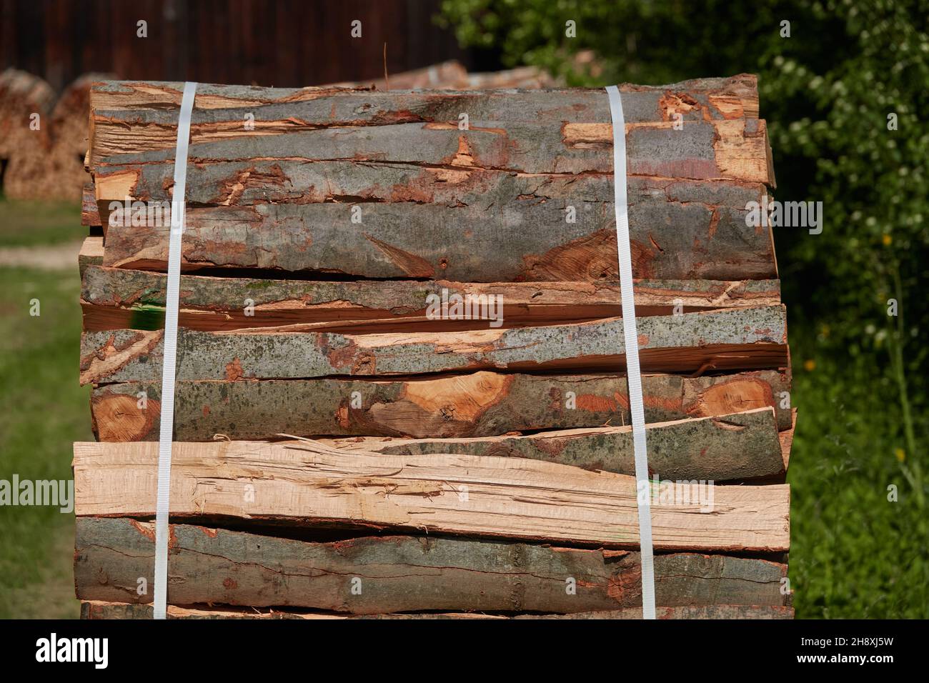 Long firewood neatly stacked and tied together into a bundle, close-up ...