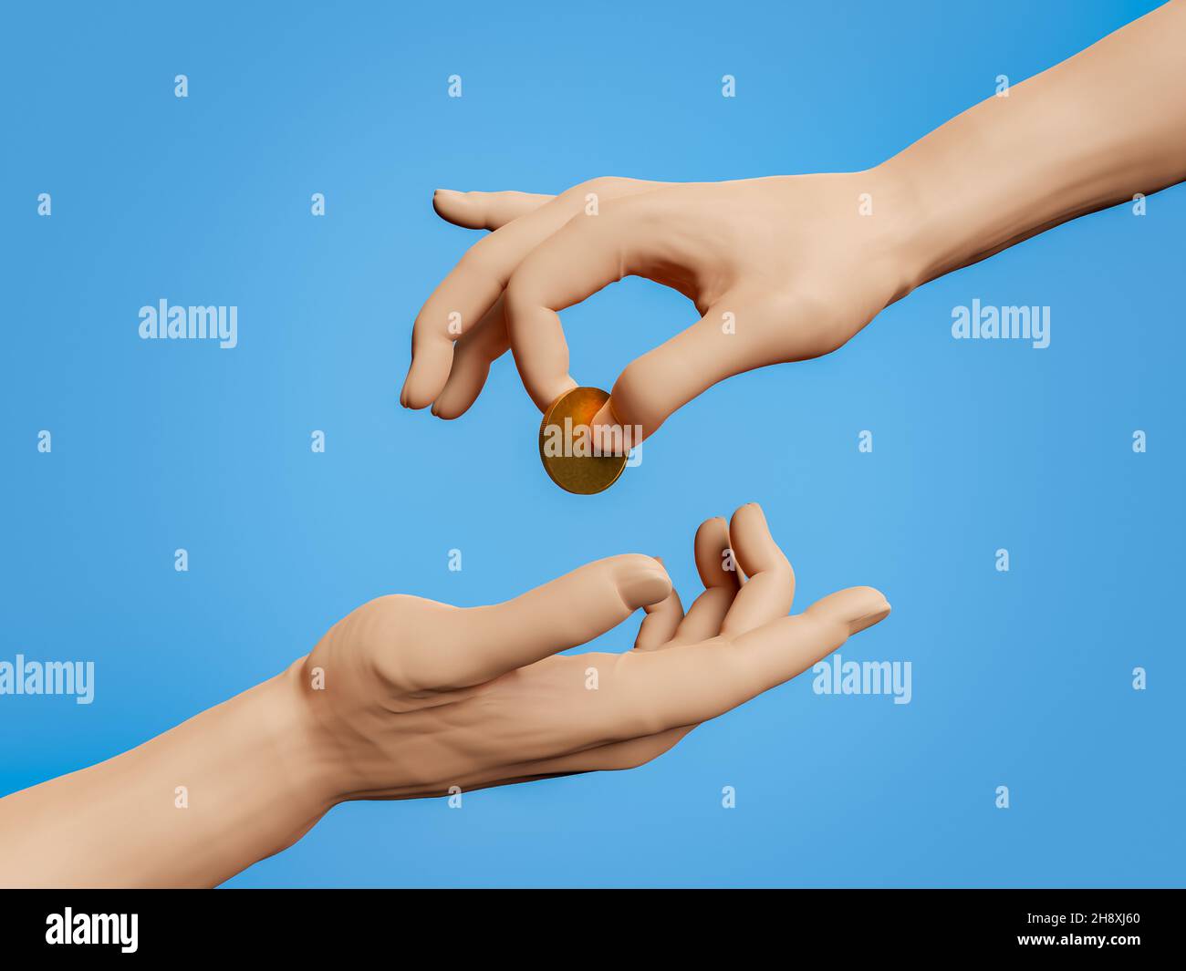 Hand giving a gold coin to another hand. concept of donation and cash ...