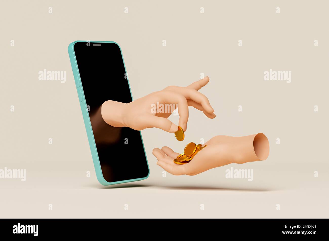 hand coming out of the screen of a cell phone and giving coins to ...