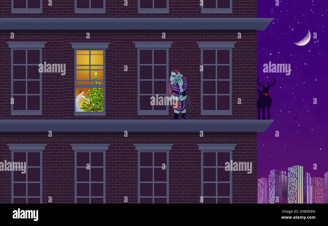 Santa Claus is on a ledge of an urban apartment building trying to ...