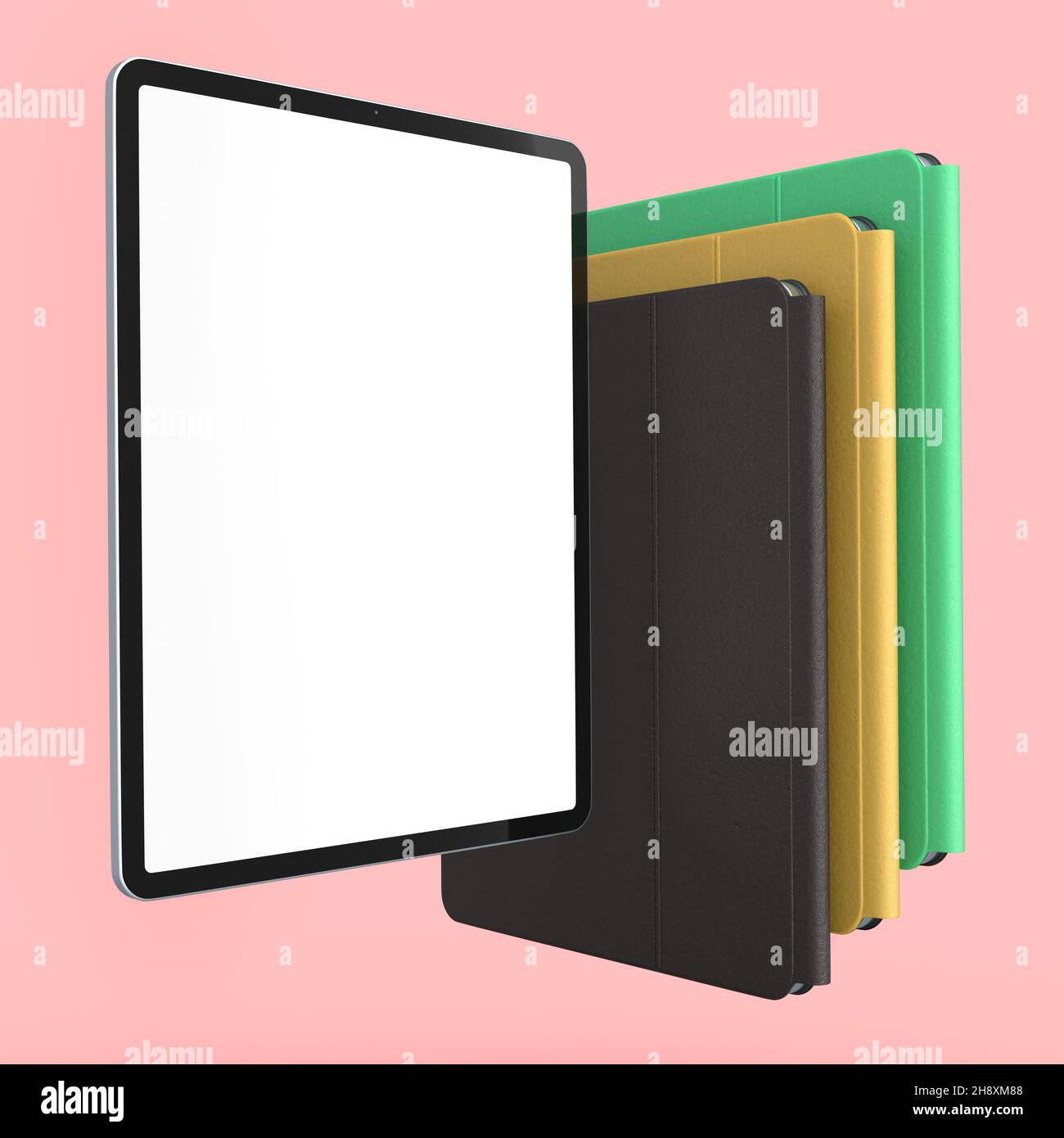 Set of computer tablets with cover case and blank screen isolated on ...