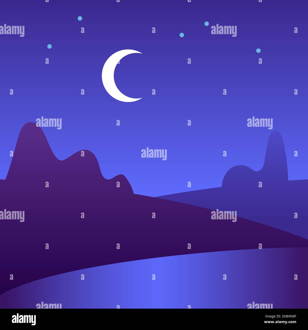 Night landscape. Countryside under dark night sky with moon crescent ...