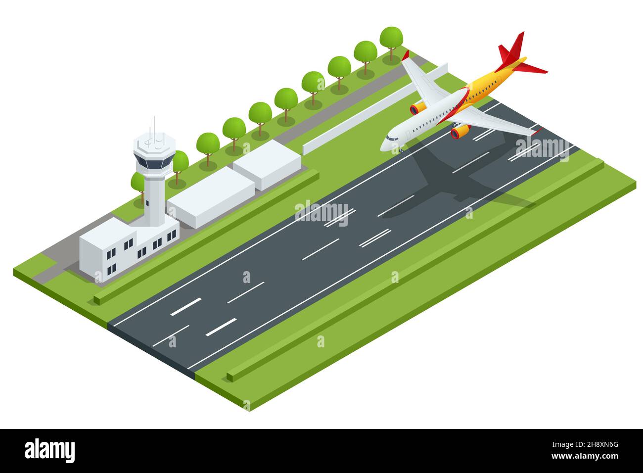Isometric big passenger airplane is landing to runway of airport. An ...