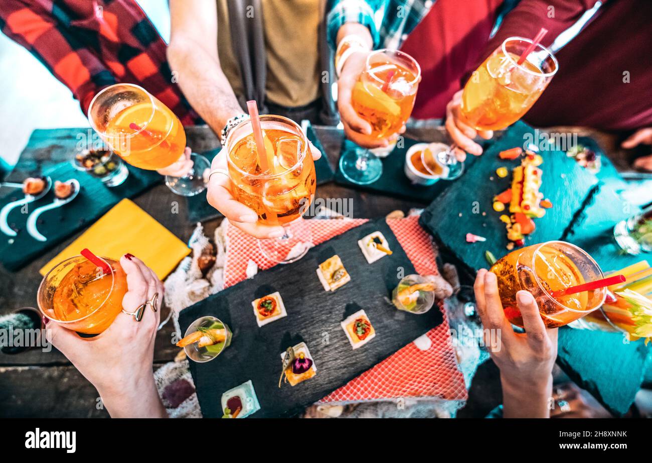 People Hands Toasting Multicolored Spritz Drinks Trendy Friends