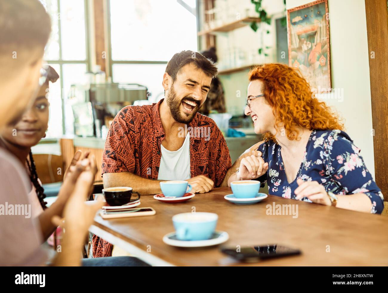 woman friendship fun friend cafe smiling lifestyle happy drink man ...