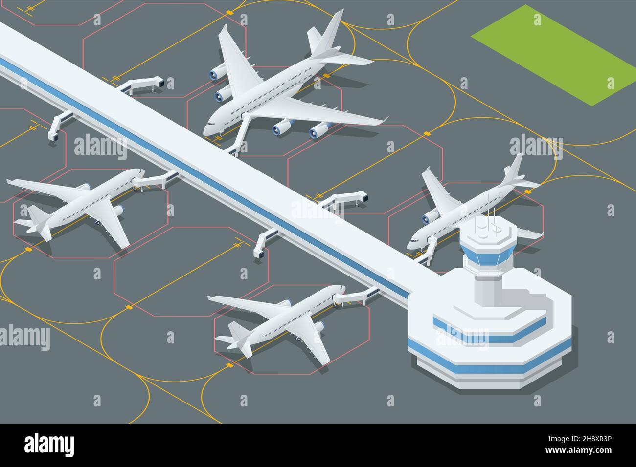 Isometric Airport with Many Airplanes. Aviation Industry. Passenger Jet ...