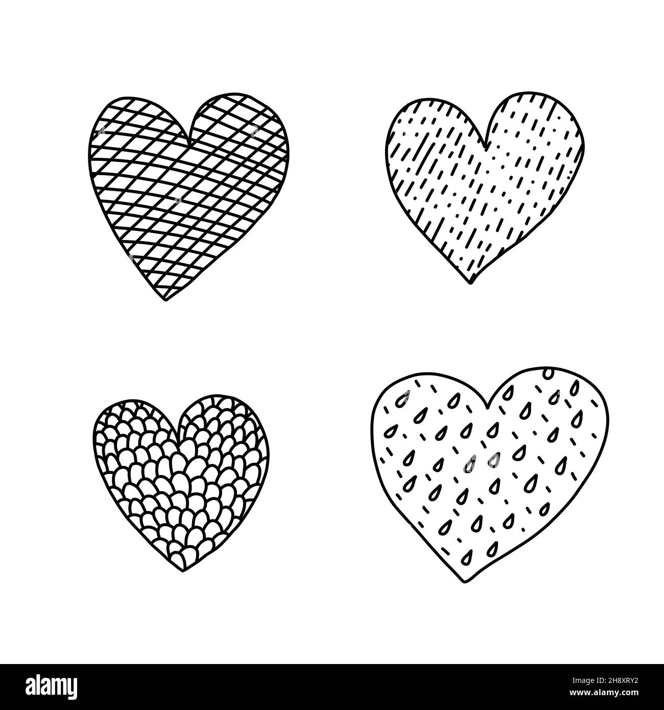 Festive doodle hearts set with textures. linear style heart shapes ...
