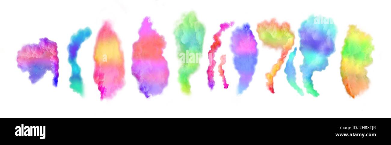 Rainbow smoke design set. Explosion of colored smoke cloud set. Rainbow ...