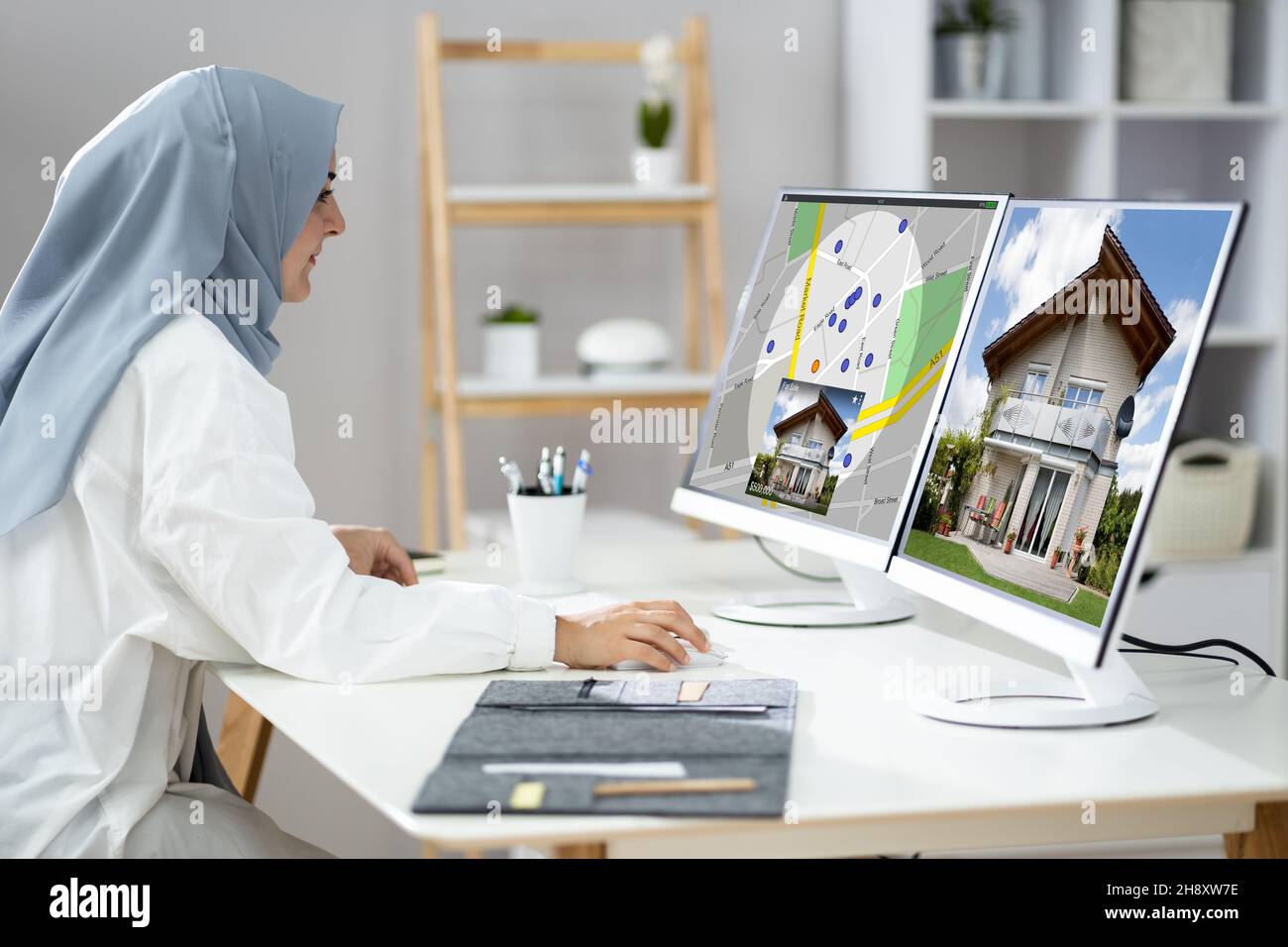 Online Real Estate Location Search. Woman Renting Apartment Stock Photo ...