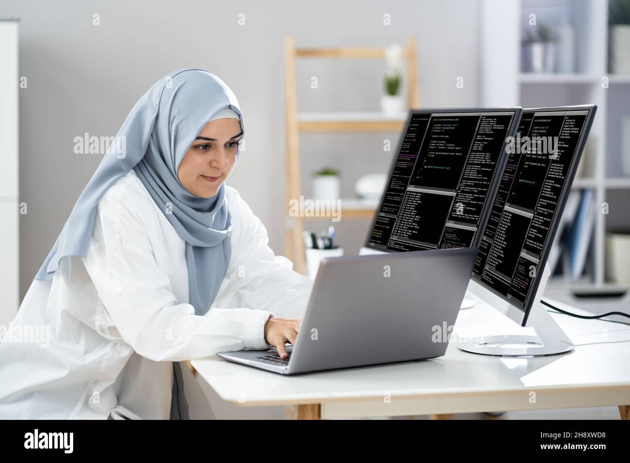 Programmer Woman Wearing Hijab Working. Coding Business Software Stock ...