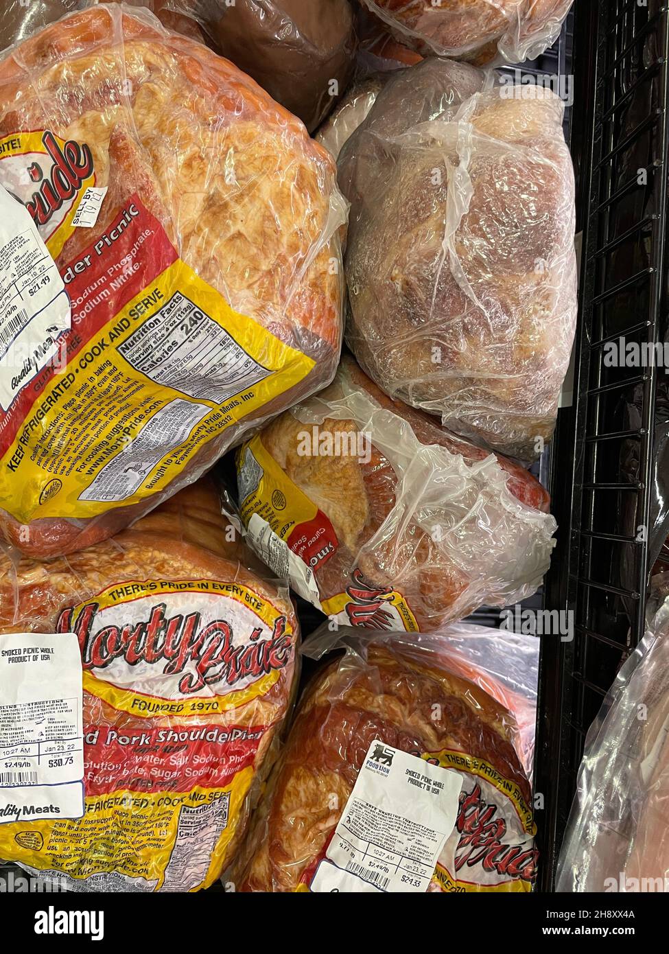 Columbia County, Ga USA - 12 01 21: Hams in a retail store cold case ...