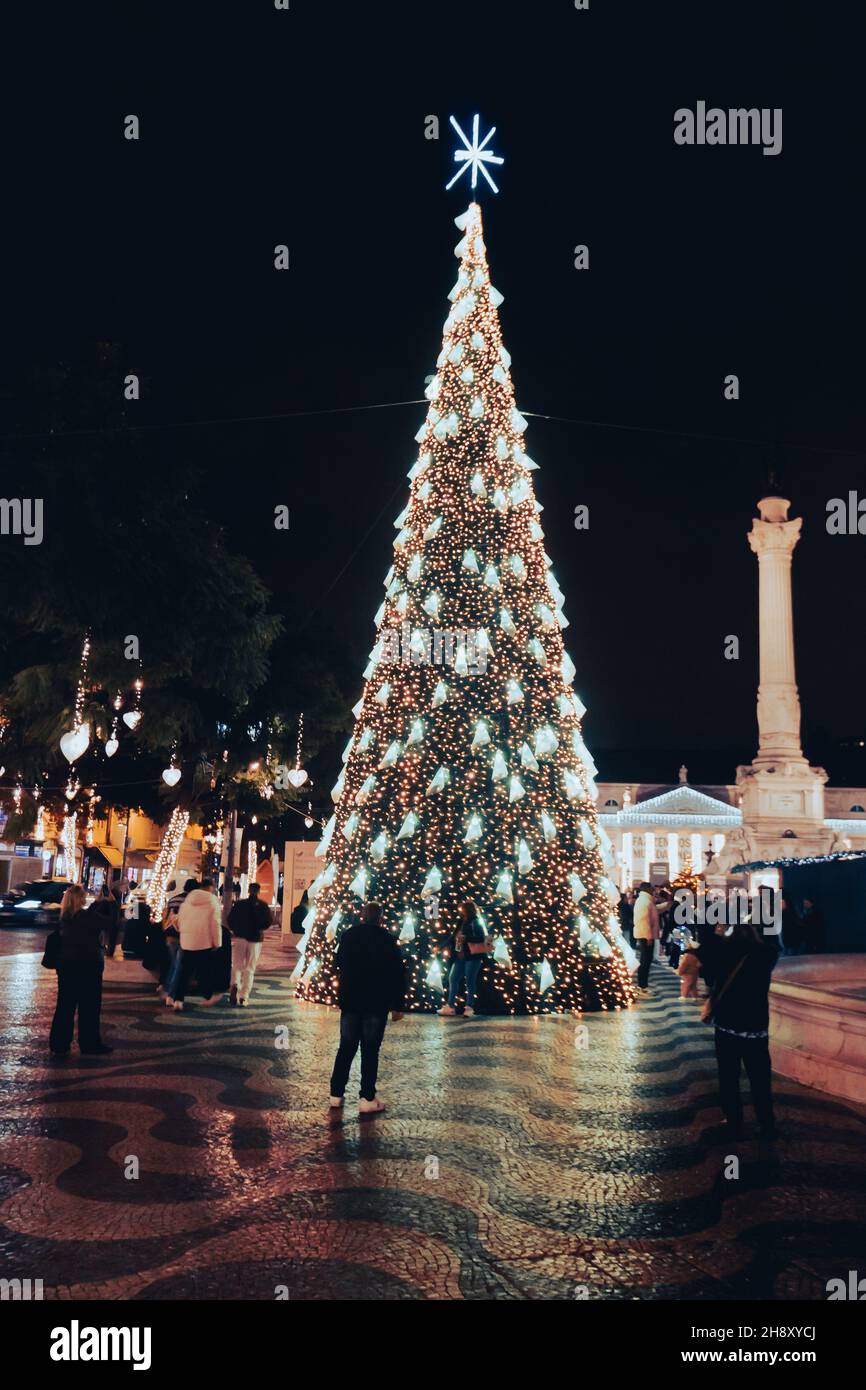 Christmas tree on Rossio square at night in Lisbon, Portugal Stock ...