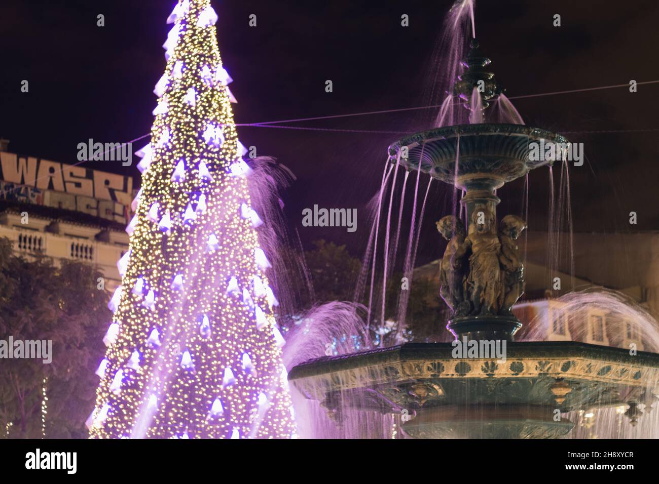 Christmas tree on Rossio square at night in Lisbon, Portugal Stock ...