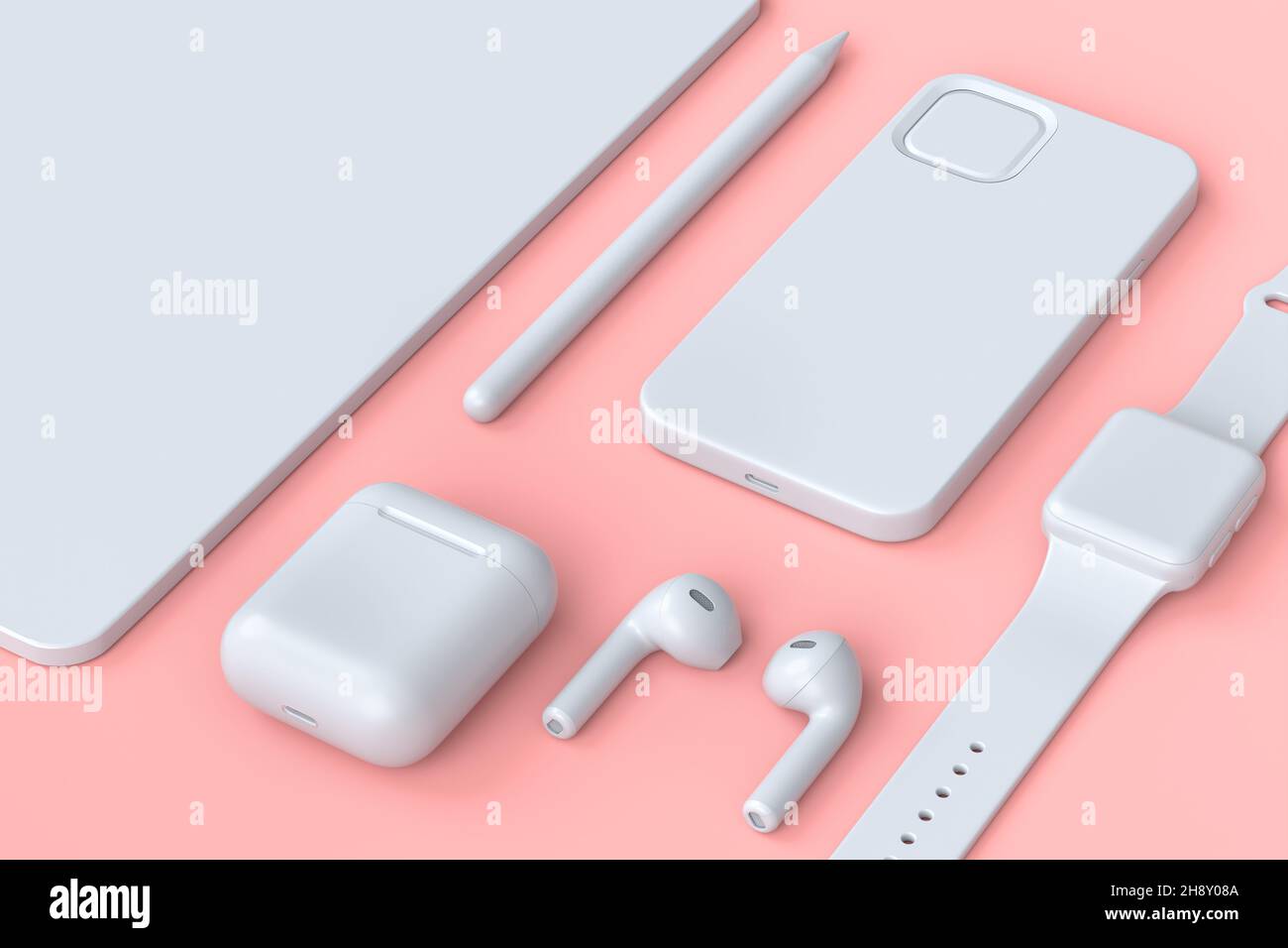 Top view of computer tablet with stylus, smart watch, phone and ...